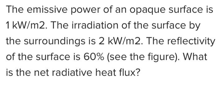 Solved The emissive power of an opaque surface is 1 kW/m2. | Chegg.com