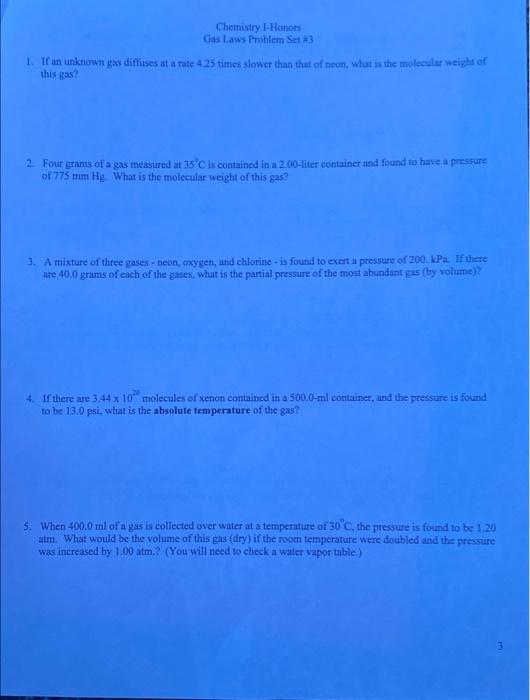 Solved Chemistry I-Honors Gas Laws Problem Set #3 1. If an | Chegg.com