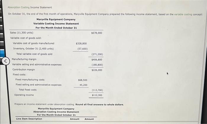 Solved Absorption Costing income Statement On October 31, | Chegg.com