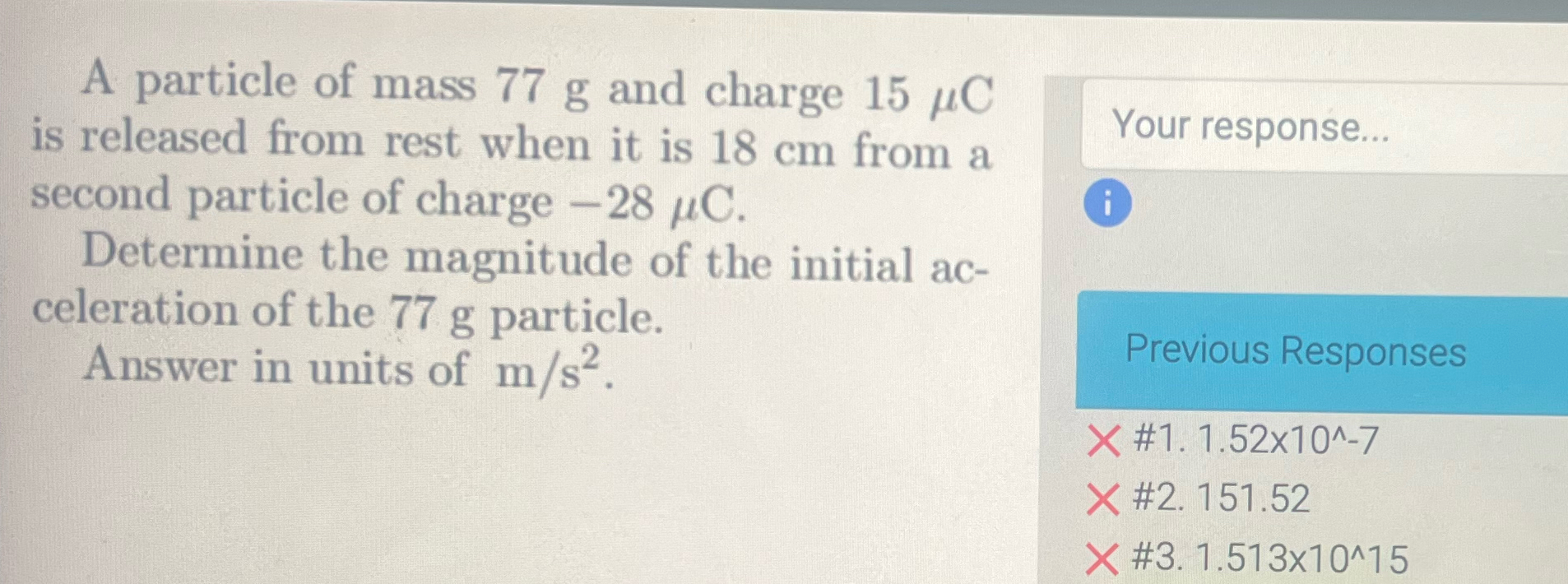 Solved A particle of mass 77g ﻿and charge 15μC ﻿is released | Chegg.com