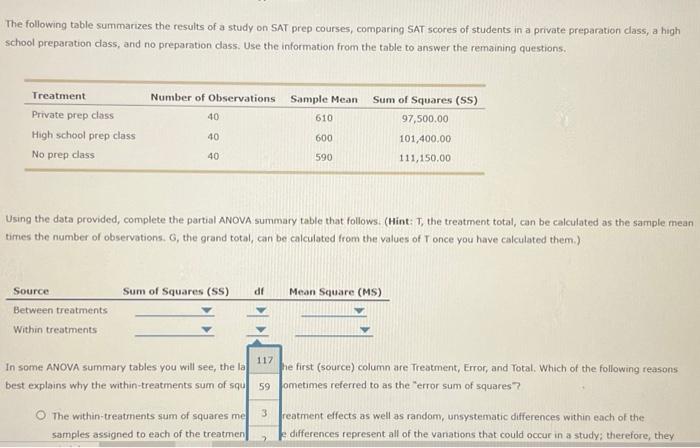 Solved 5. ANOVA calculations and rejection of the null | Chegg.com