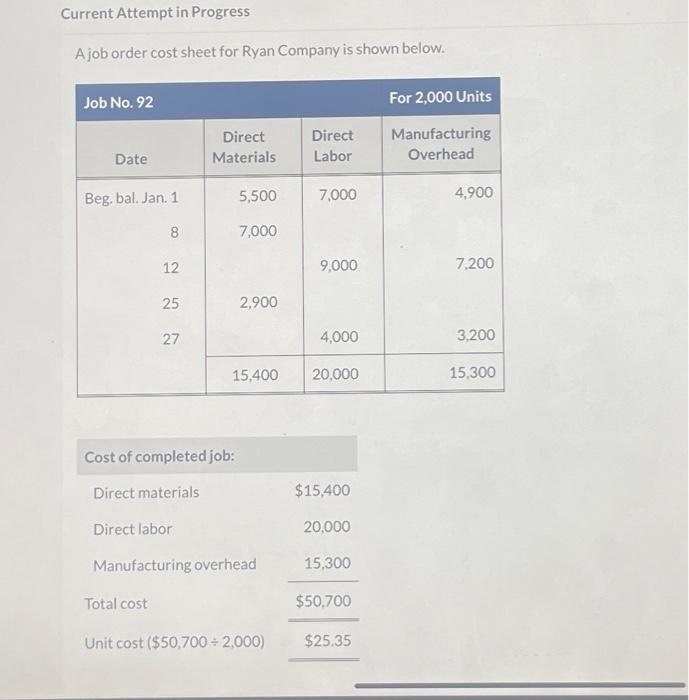 Solved A job order cost sheet for Ryan Company is shown | Chegg.com