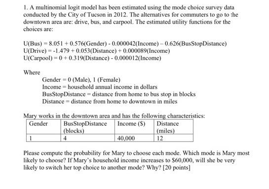 Solved 1. A multinomial logit model has been estimated using | Chegg.com