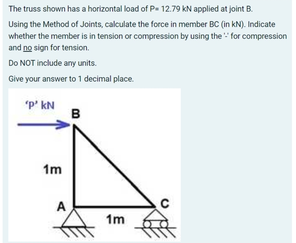 Solved The truss shown has a horizontal load of P=12.79kN | Chegg.com