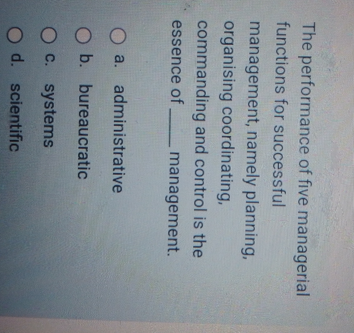 Solved The performance of five managerial functions for | Chegg.com