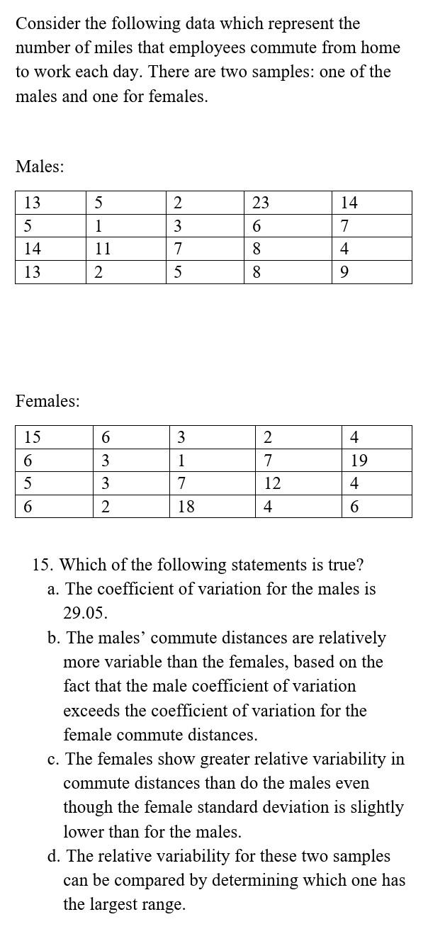 Solved Consider the following data which represent the | Chegg.com