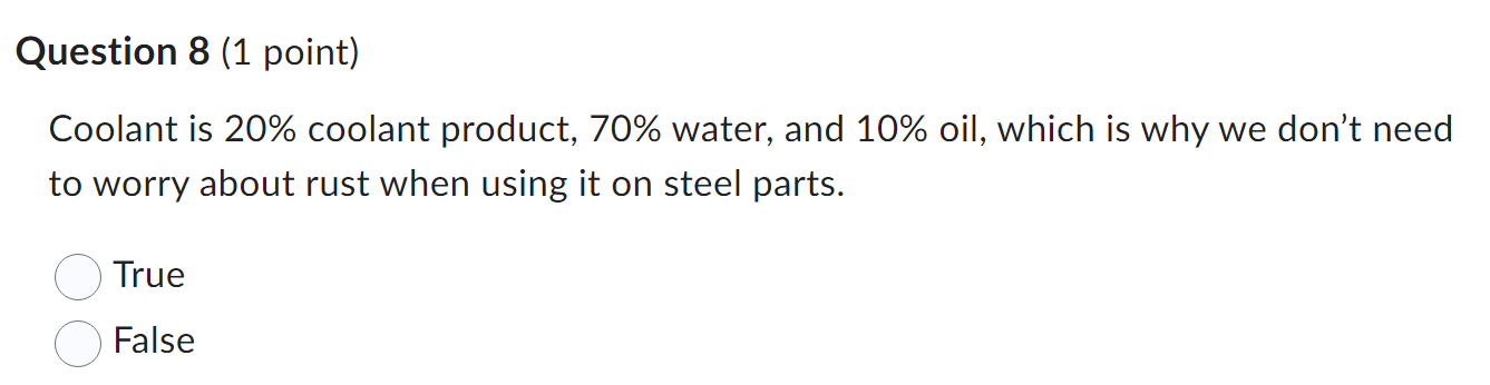 Solved Question 8 (1 ﻿point)Coolant is 20% ﻿coolant product, | Chegg.com