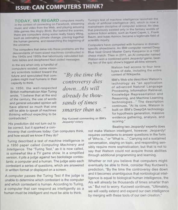 Solved Issue 7: Read the Issue: Can computers think? On Page | Chegg.com