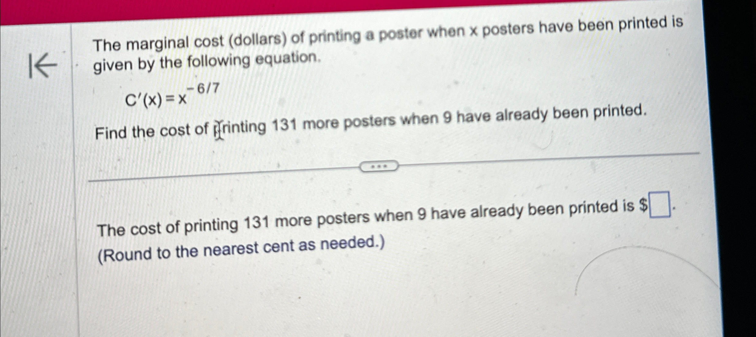 Solved The marginal cost (dollars) ﻿of printing a poster | Chegg.com