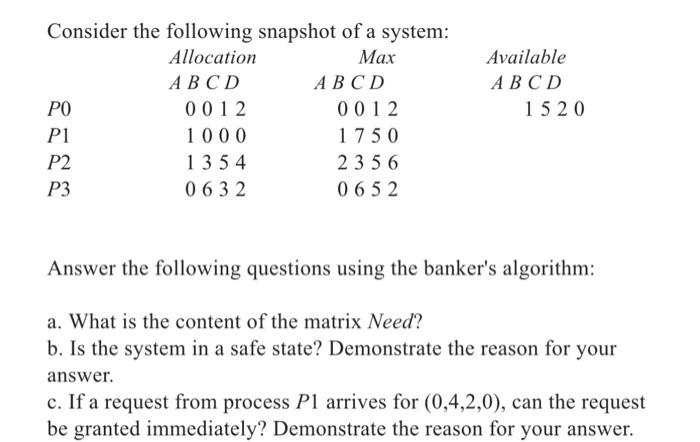 Solved Consider the following snapshot of a system: Answer | Chegg.com