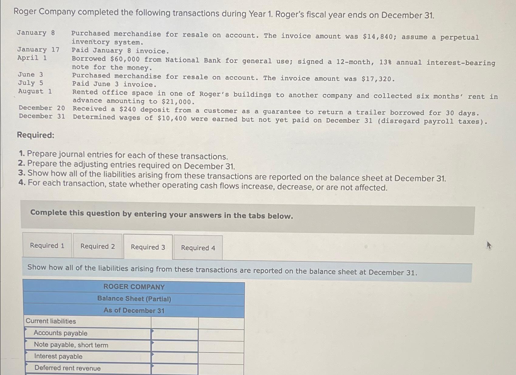 Solved Roger Company completed the following transactions | Chegg.com