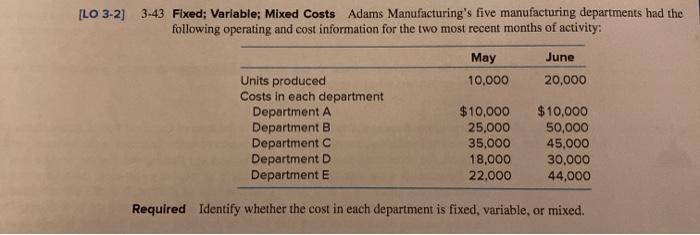Solved [LO 3-2) 3-43 Fixed: Variable: Mixed Costs Adams | Chegg.com