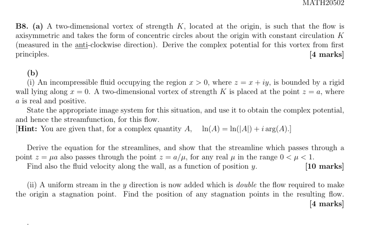 Solved B8. (a) ﻿A two-dimensional vortex of strength K, | Chegg.com