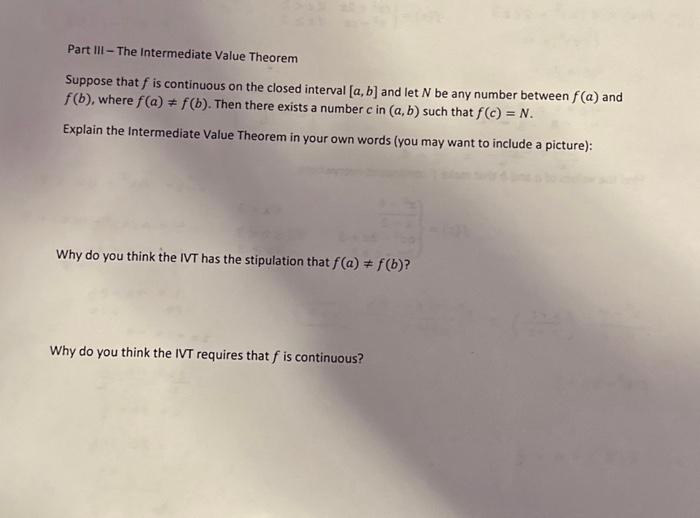 Solved Part III - The Intermediate Value Theorem Suppose | Chegg.com