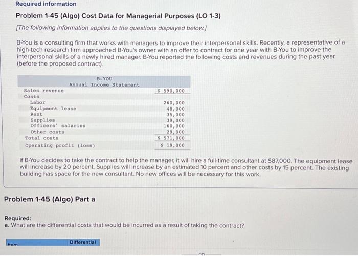 Solved Problem 1-45 (Algo) Cost Data for Managerial Purposes | Chegg.com