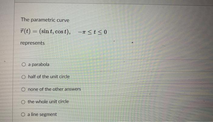 Solved The parametric curve r(t)=(sint,cost),−π≤t≤0 | Chegg.com