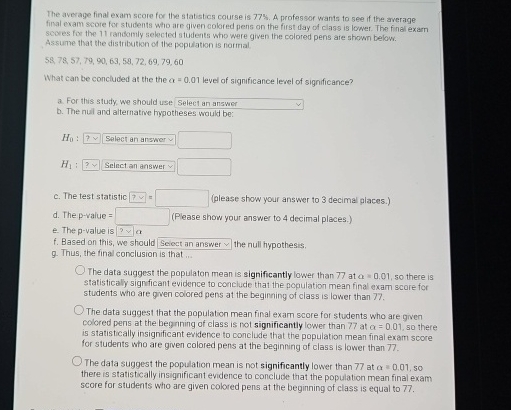 Solved The average final exam score for the statistics | Chegg.com