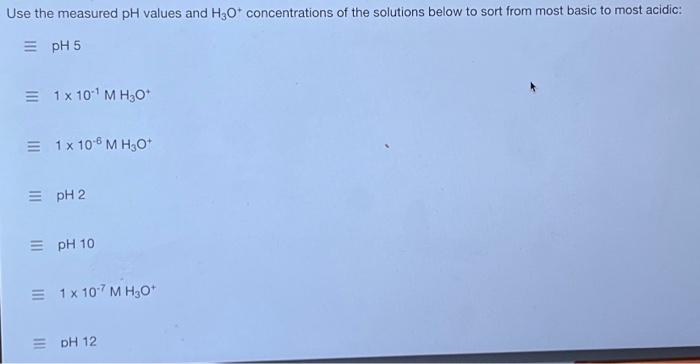 Solved Use the measured pH values and H3O+ concentrations of | Chegg.com