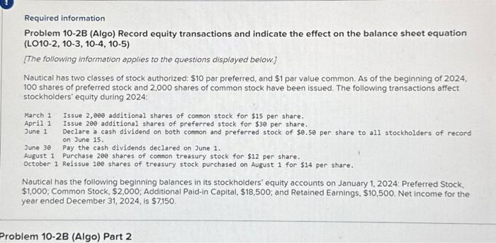 Solved Required information Problem 10-2B (Algo) Record | Chegg.com