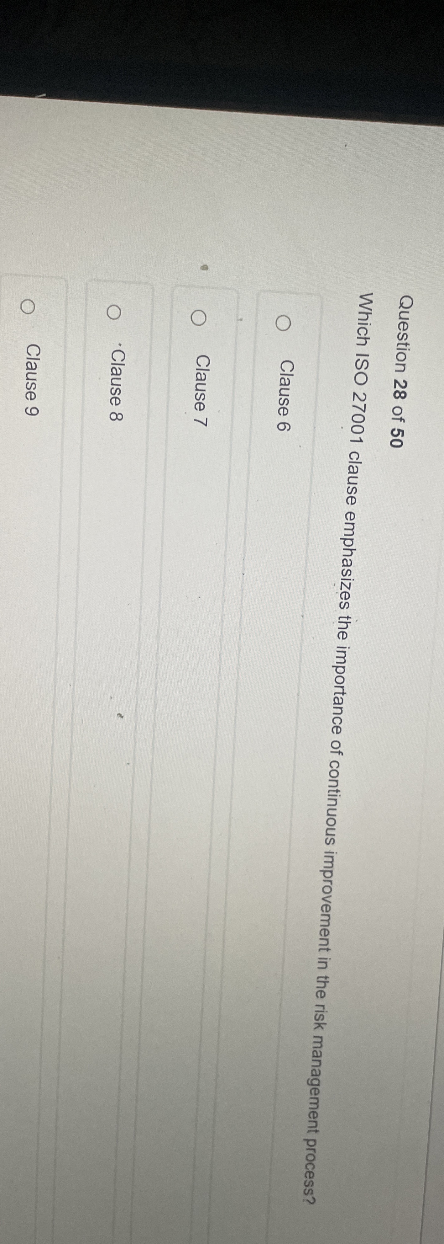Solved Question 28 of 50Which ISO 27001 clause emphasizes | Chegg.com Solved Question 28 of 50Which ISO 27001 clause emphasizes | Chegg.com