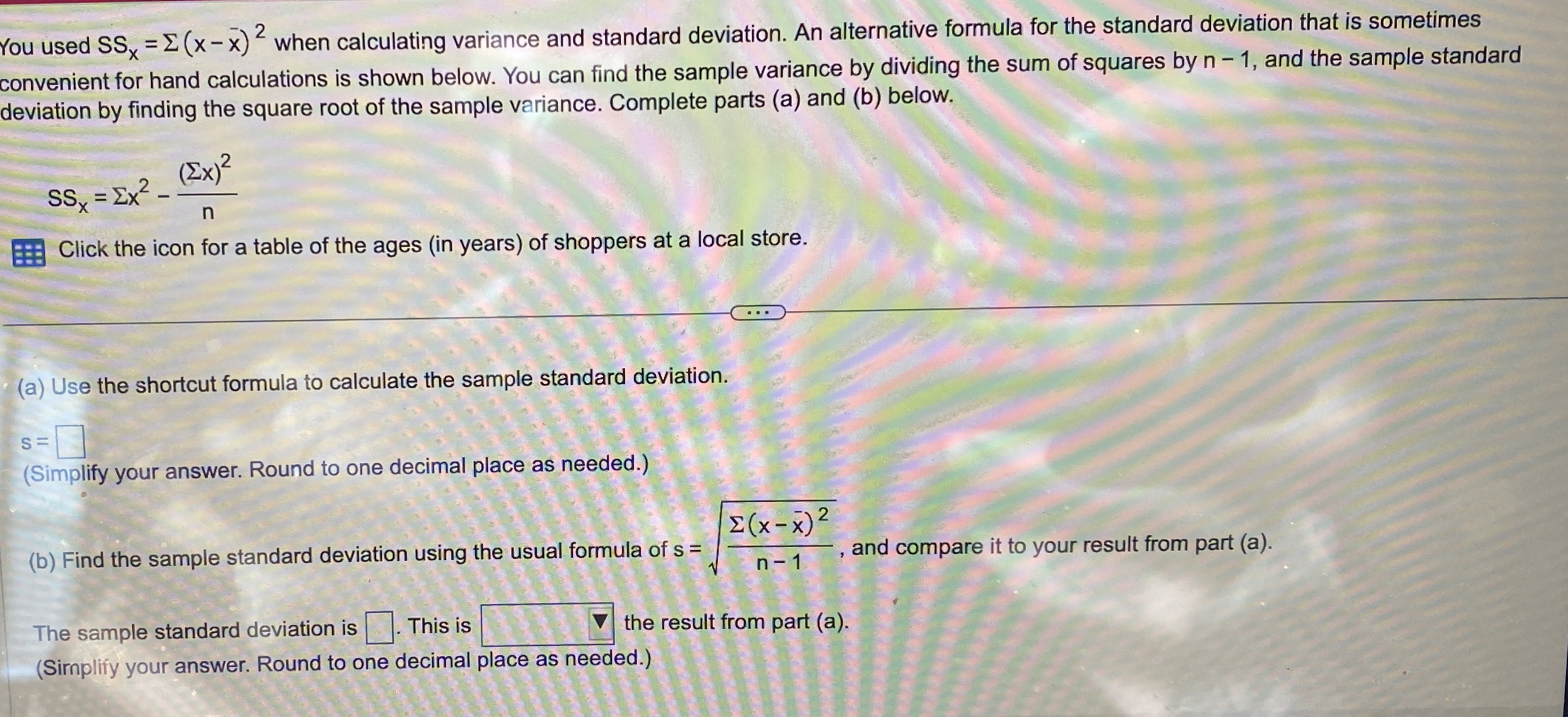 (a) ﻿Use the shortcut formula to calculate the sample | Chegg.com