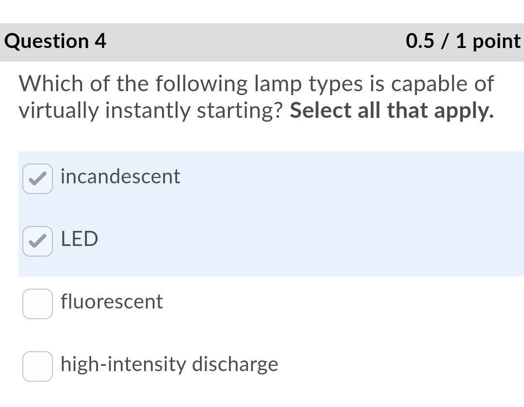 Solved Question 4 0.5 / 1 point Which of the following lamp | Chegg.com