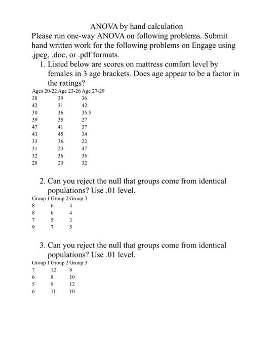 Solved ANOVA by hand calculation Please run one-way ANOVA on | Chegg.com