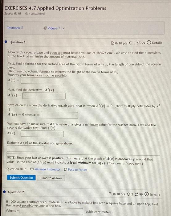 Solved EXERCISES 4.7 Applied Optimization Problems Score: | Chegg.com