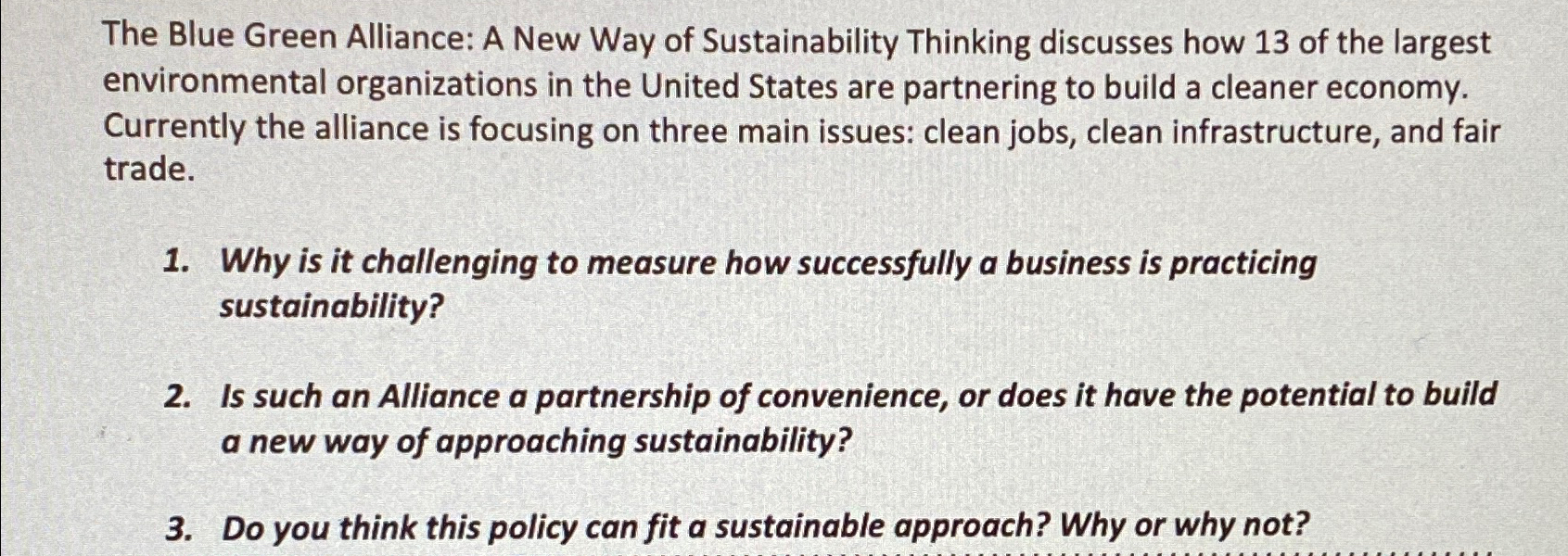 Solved The Blue Green Alliance: A New Way of Sustainability | Chegg.com