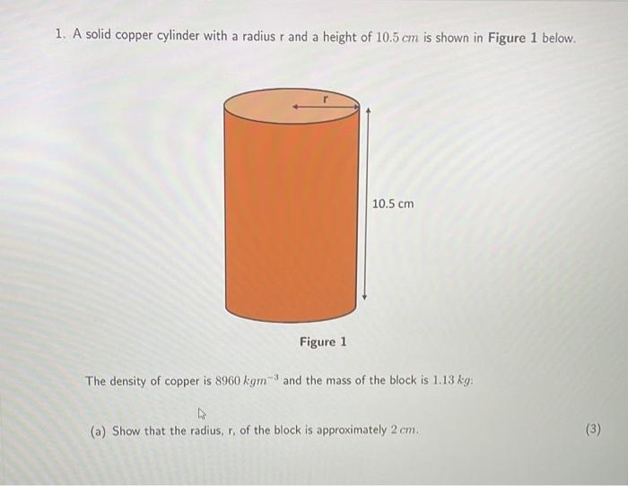 Solved 1. A solid copper cylinder with a radius r and a | Chegg.com