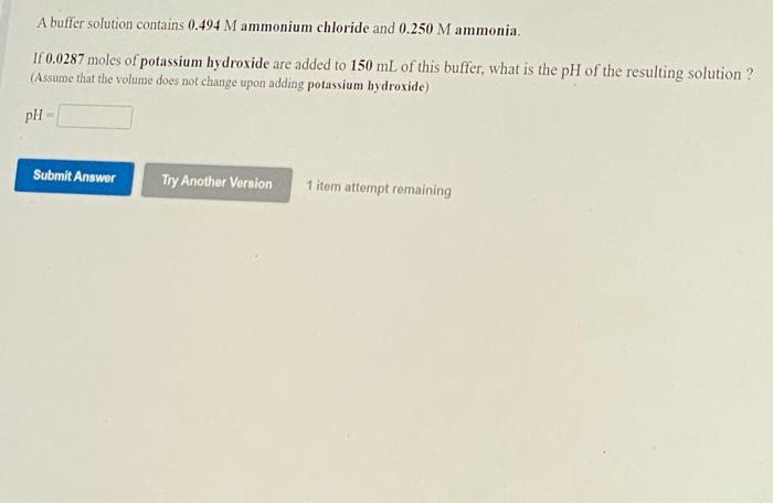Solved A buffer solution contains 0.494 M ammonium chloride | Chegg.com