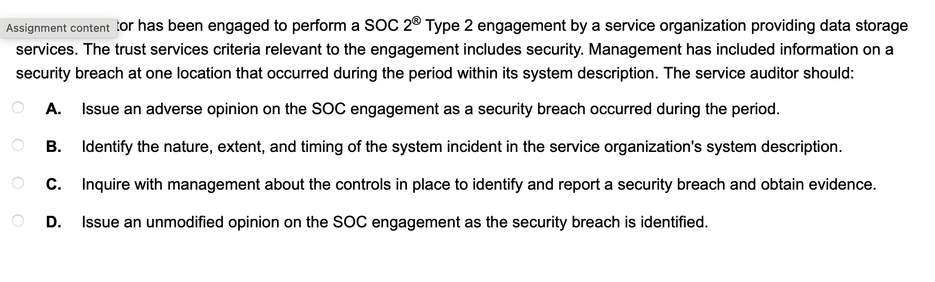 Solved Assignment content tor has been engaged to perform a | Chegg.com