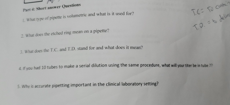 Solved Part 4: Short answer QuestionsWhat type of pipette is | Chegg.com