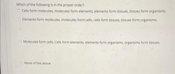 Solved Which of the following is in the proper order? Cells | Chegg.com