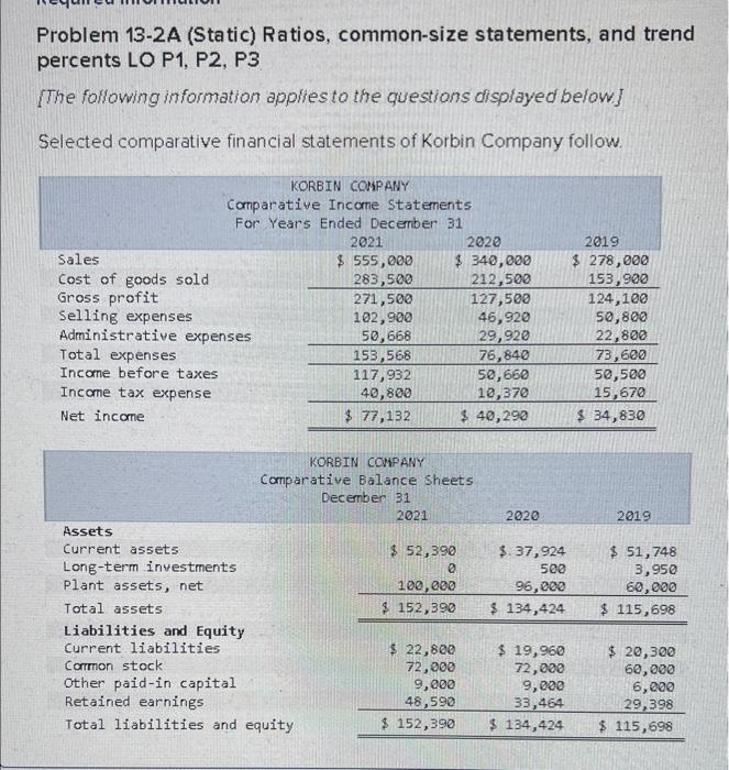 Solved Problem 13-2A (Static) Ratios, common-size | Chegg.com