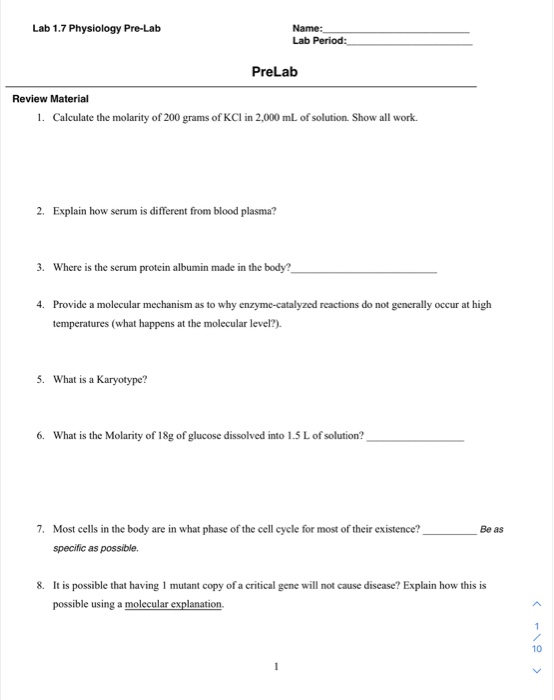 Solved Lab 1.7 Physiology Pre-Lab Name: Lab Period: PreLab | Chegg.com