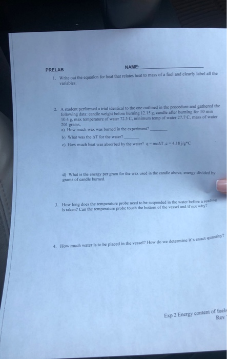 Solved PRELAB NAME: 1. Write out the equation for heat that | Chegg.com