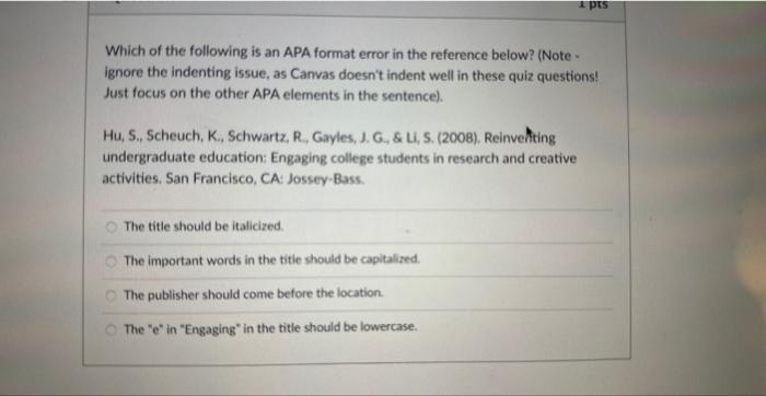 Solved Which of the following is an APA format error in the | Chegg.com