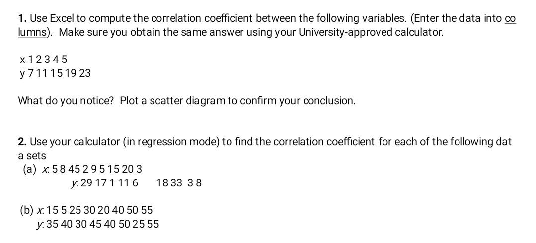 Solved 1. Use Excel to compute the correlation coefficient | Chegg.com