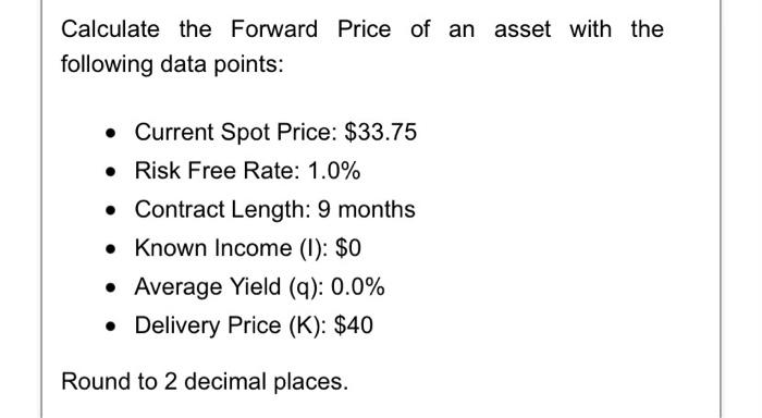 Solved Calculate the Forward Price of an asset with the | Chegg.com