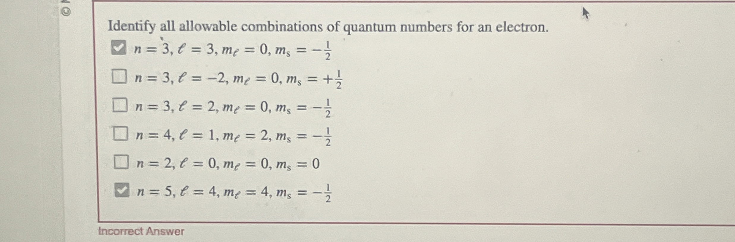 Solved Identify all allowable combinations of quantum | Chegg.com