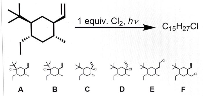 Solved 1 equiv. Cl2,hv→C15H27Cl (3) A B C D E F | Chegg.com