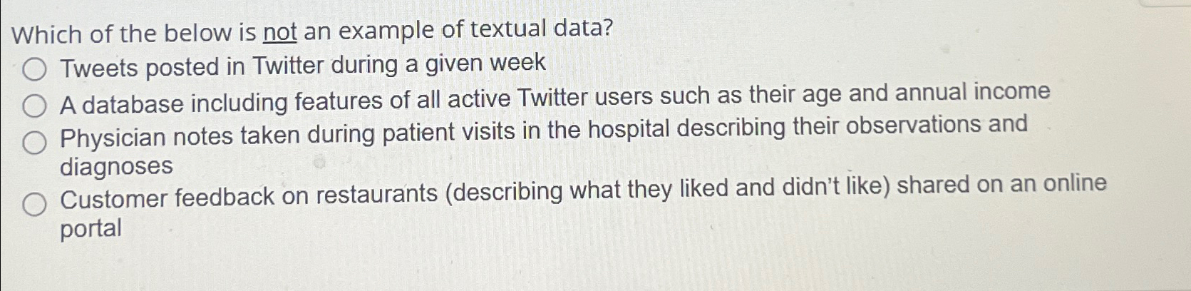 Solved Which of the below is not an example of textual | Chegg.com