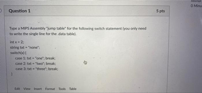 Solved Attempt O Minu Question 1 5 pts Type a MIPS Assembly | Chegg.com