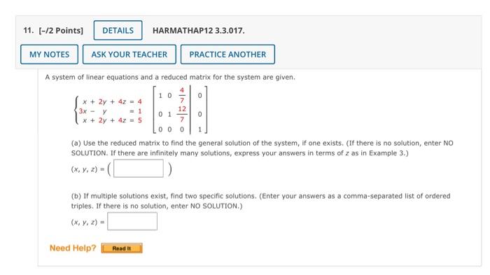 Solved A system of linear equations and a reduced matrix for | Chegg.com