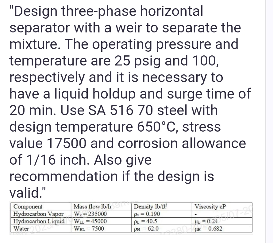 Solved "Design three-phase horizontal separator with a weir | Chegg.com