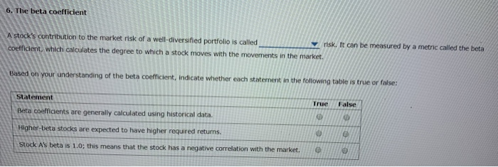 Solved 6 The Beta Coefficient Astocks Contribution To The