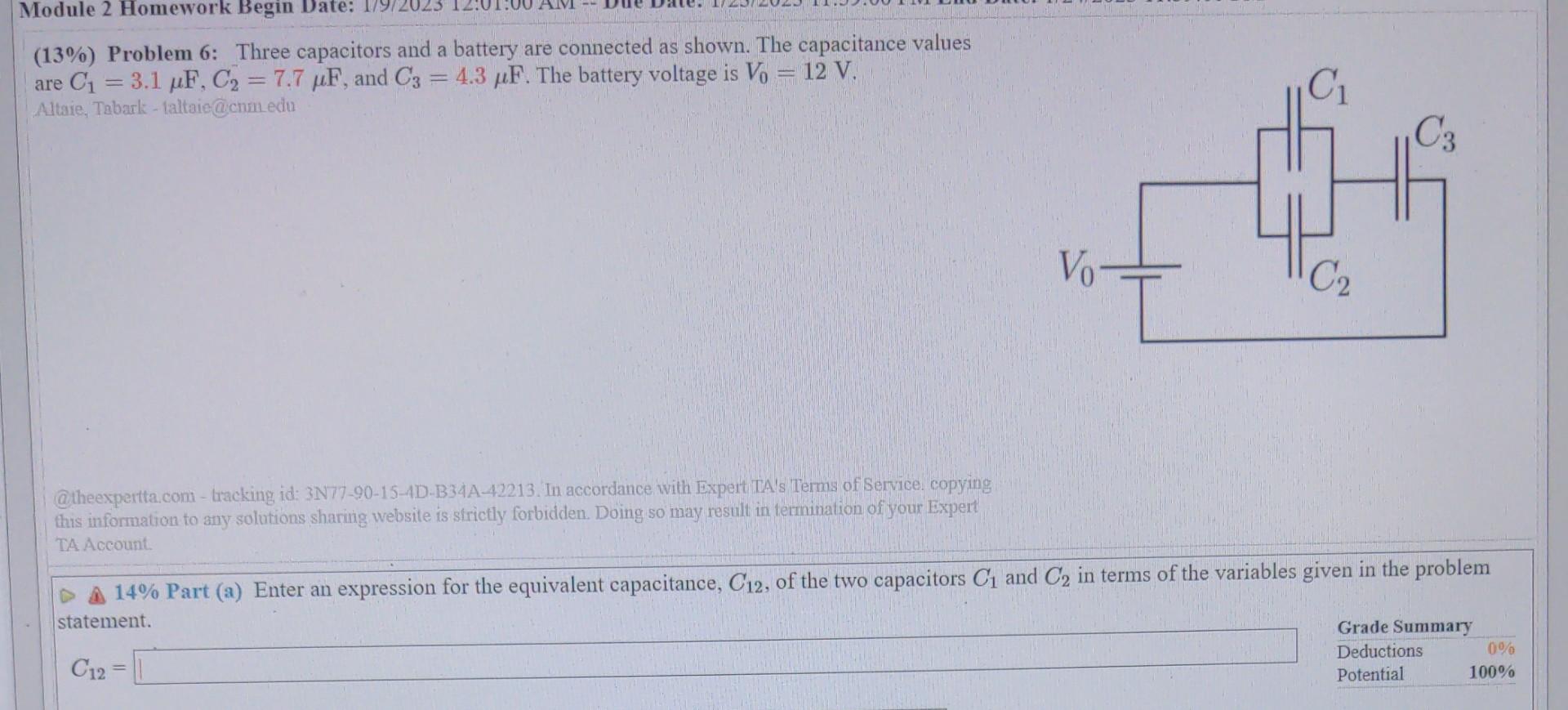 Solved (13\%) Problem 6: Three capacitors and a battery are | Chegg.com