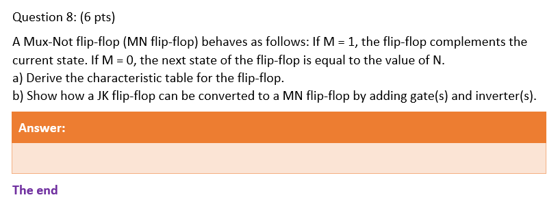 Solved Question 8: (6 ﻿pts)A Mux-Not flip-flop (MN | Chegg.com