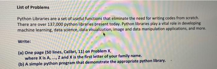 Solved List of Problems Python Libraries are a set of useful | Chegg.com